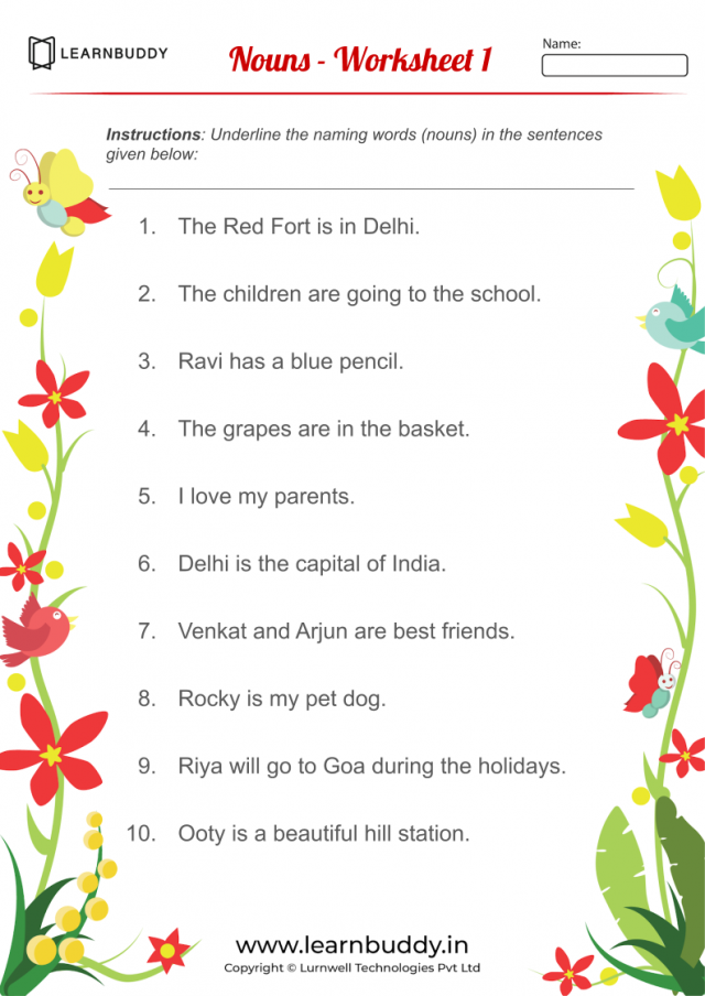 English worksheets for Class 1 (Nouns, Verbs, Pronouns) – Learnbuddy.in